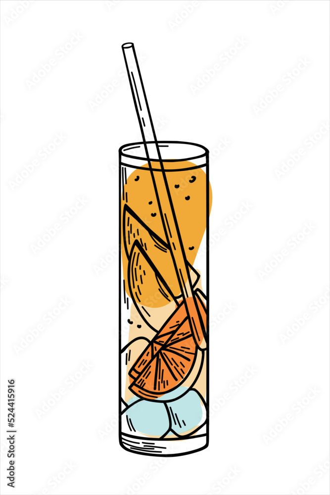 Glass of lemonade with ice and orange and apple slice and straw, sketch ...