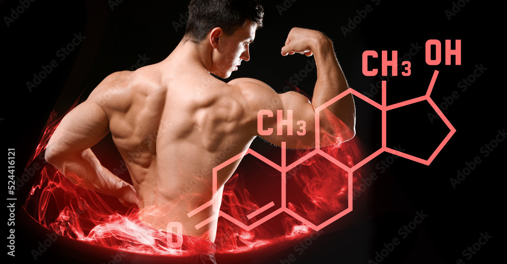 Muscular man and structural chemical formula of testosterone hormone on ...