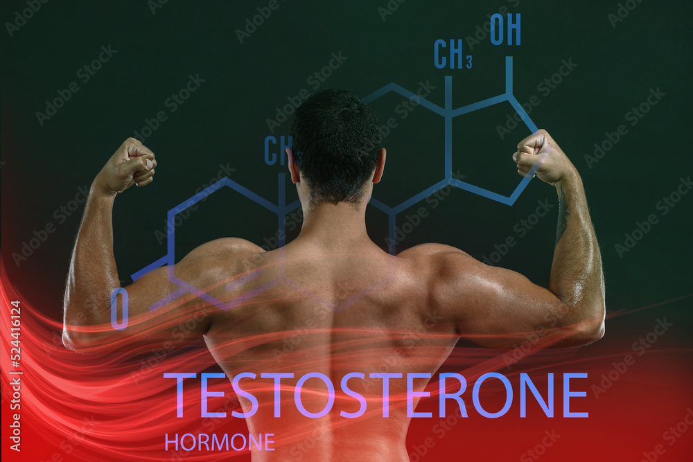 Muscular man and structural chemical formula of testosterone hormone on ...