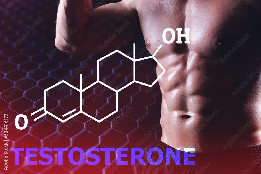 Sporty man and structural chemical formula of testosterone hormone on ...