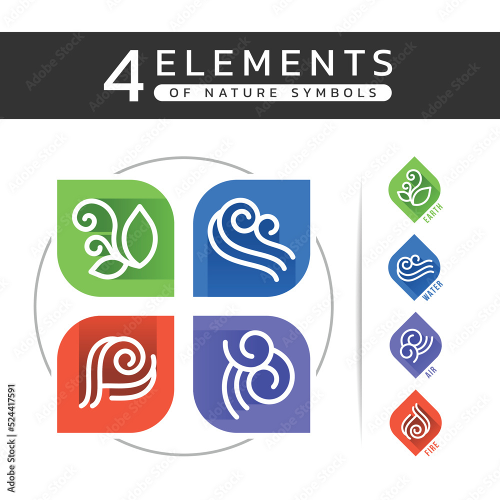 4 elements of nature symbols earth water air and fire with scallop line ...