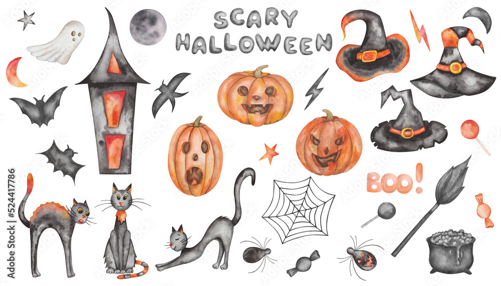 Watercolor illustration of hand painted Halloween set in black, orange ...