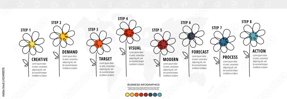 Vector presentation or infographics concept with 8 steps. Business ...