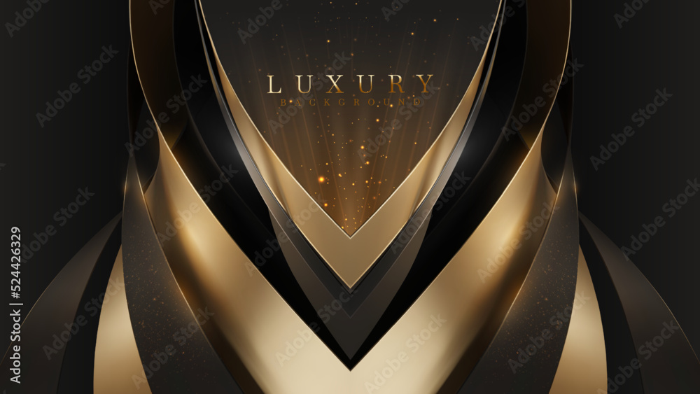 Black luxury background with golden curve elements and glitter light ...
