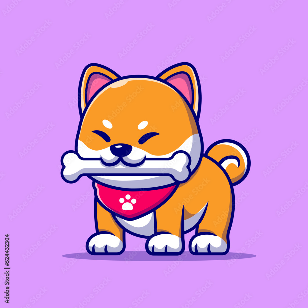 Cute Shiba Inu Dog Bite Bone Cartoon Vector Icon Illustration. Animal ...