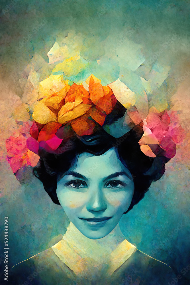 Face of woman with abstract cubist flowers in her hair Stock ...