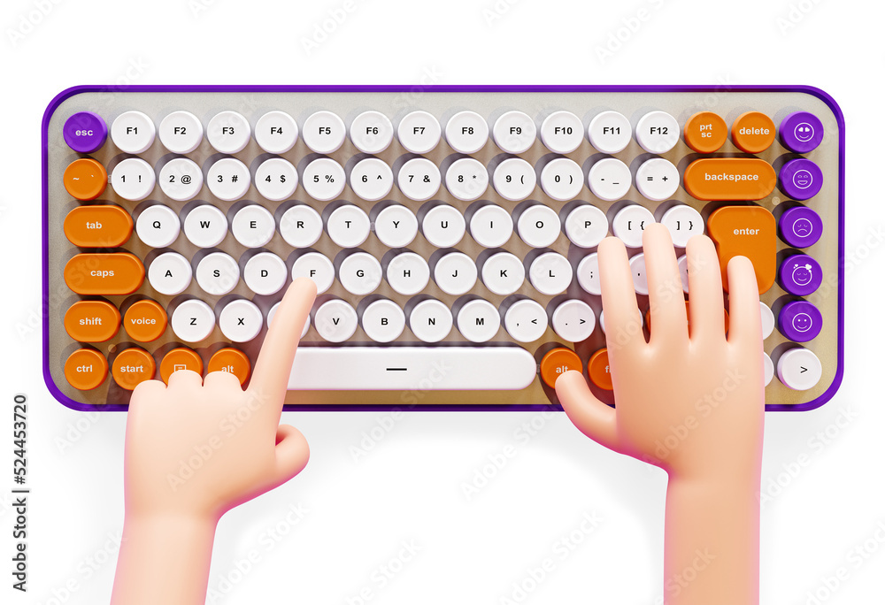 Cartoon hands typing on the keyboard, top view. Transparent background ...