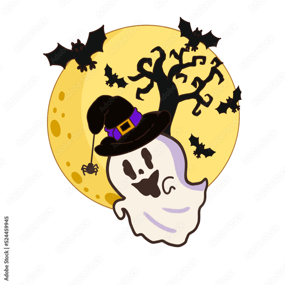 Flying ghost in the full moon night. Isolted element with transperent ...