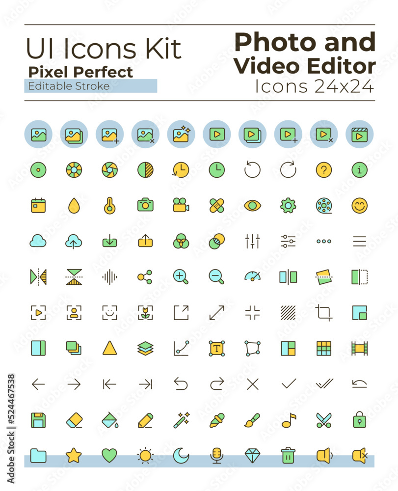 Photo and video editor tools pixel perfect RGB color ui icons set ...