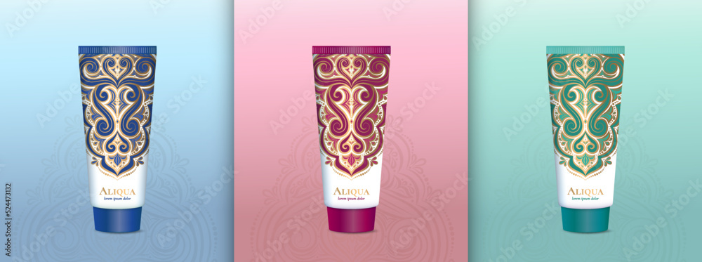 Red, green and blue packaging design for lotion. Vintage vector ...