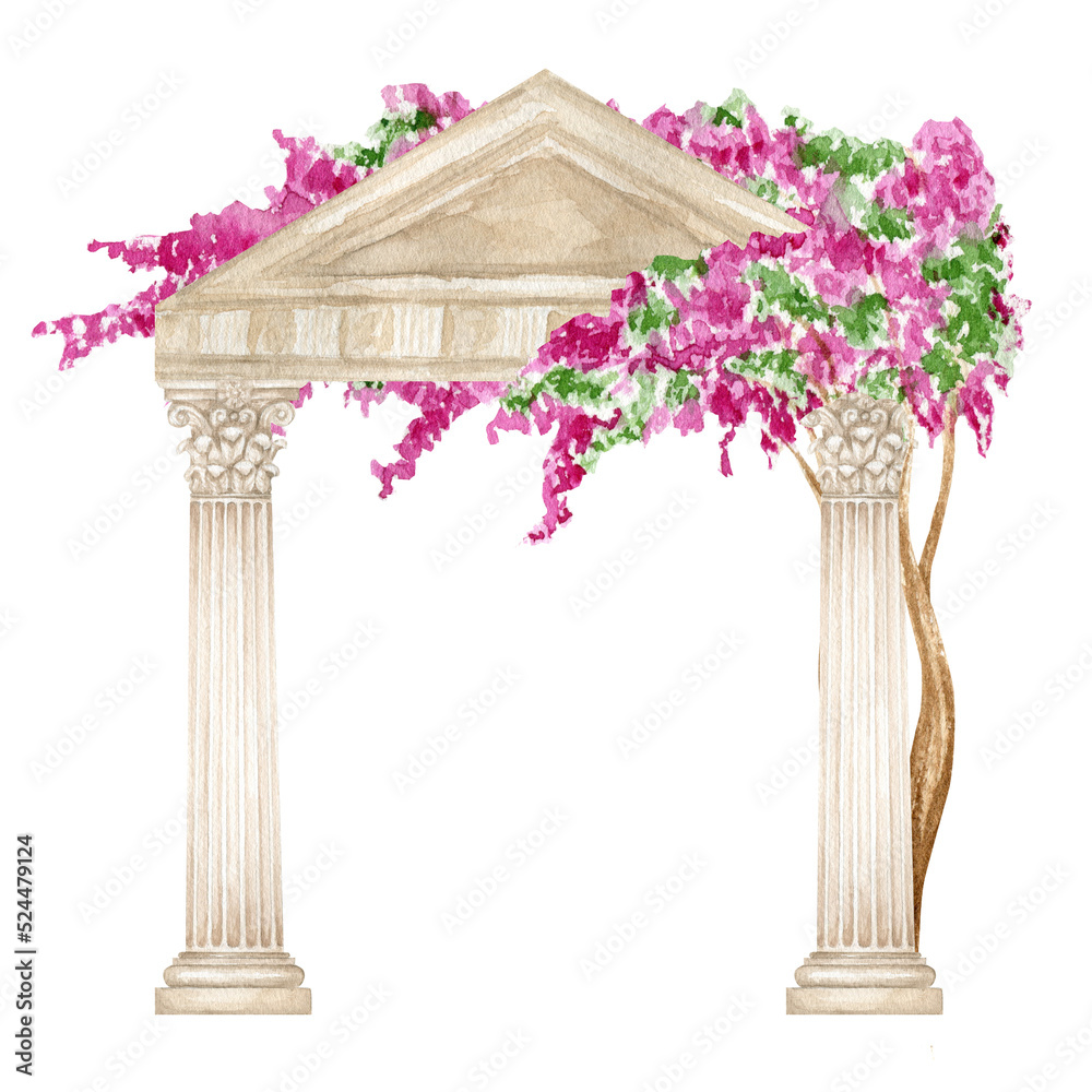 Watercolor antique arch column corinthian order with bright pink ...
