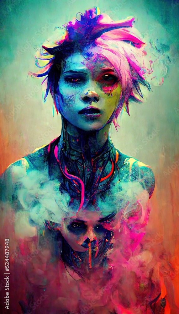 Portrait of a girl in a futuristic cyberpunk style in neon clothes. A ...