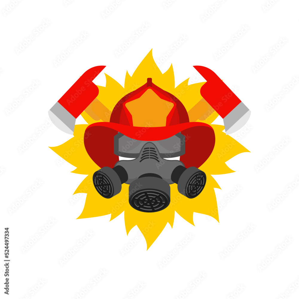 Firefighter in helmet sign. Fire ax and flame. Fire department symbol ...