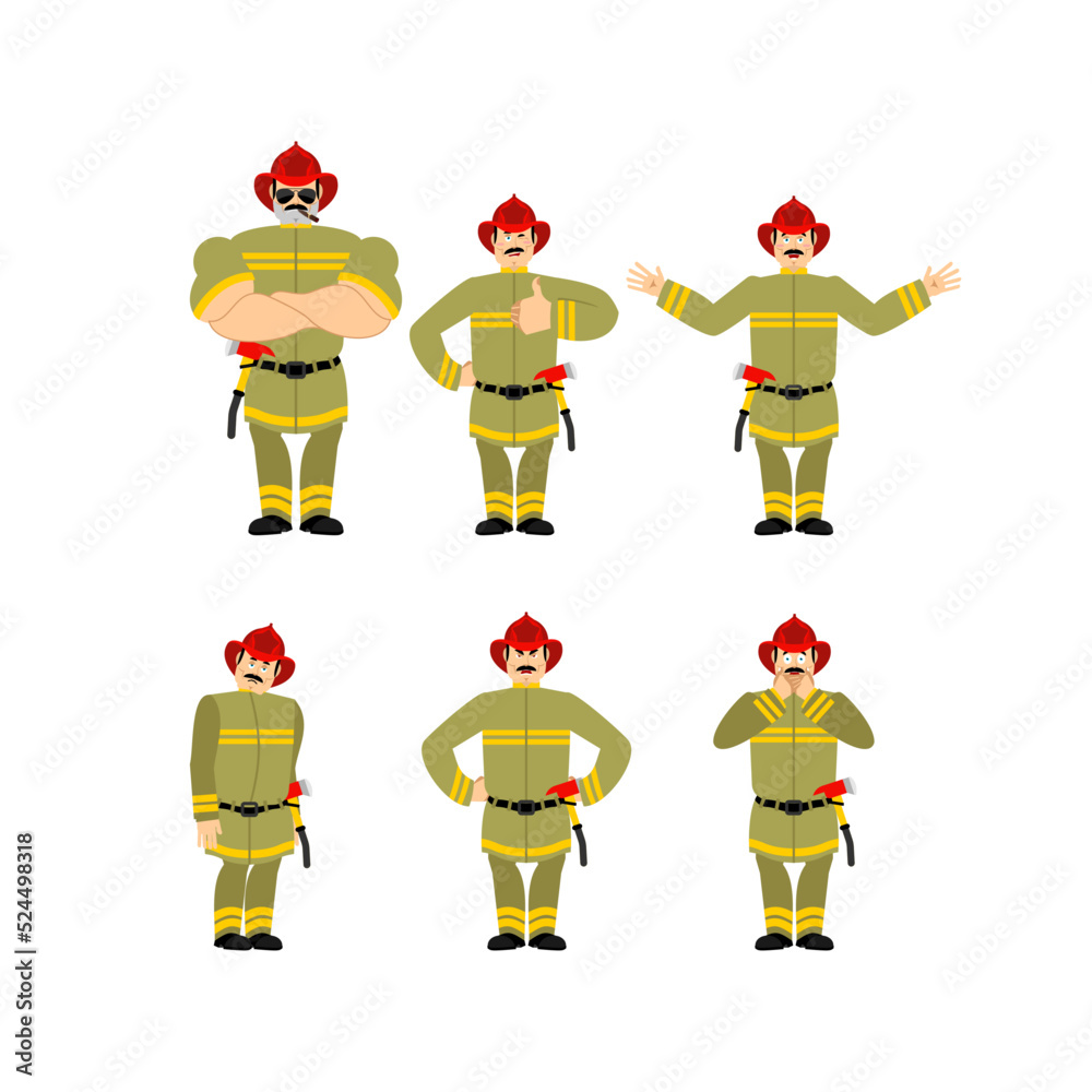 Firefighter set poses and motion. Fireman happy and yoga. man sleeping ...