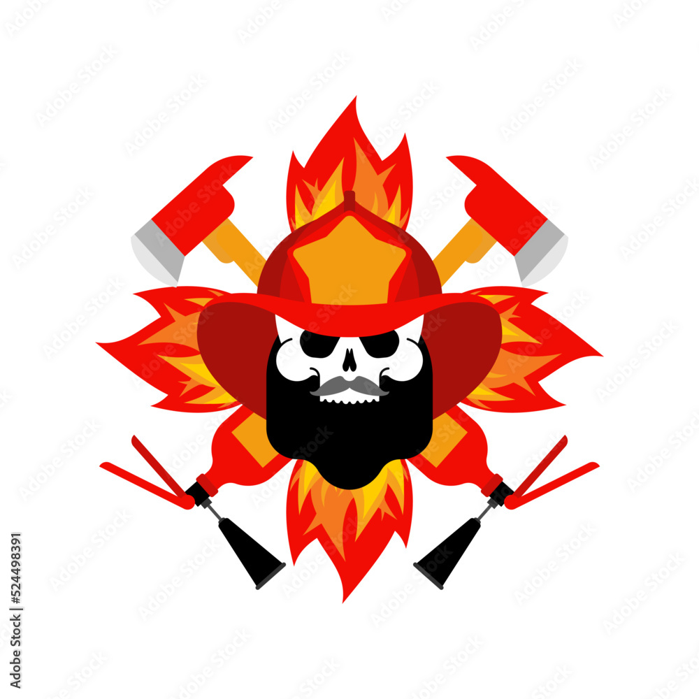 Firefighter Skull in helmet sign. Fire ax and flame. Fire department ...