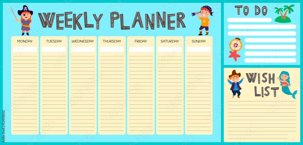 Vector set of weekly planner, to do list, note, wish list, goals ...