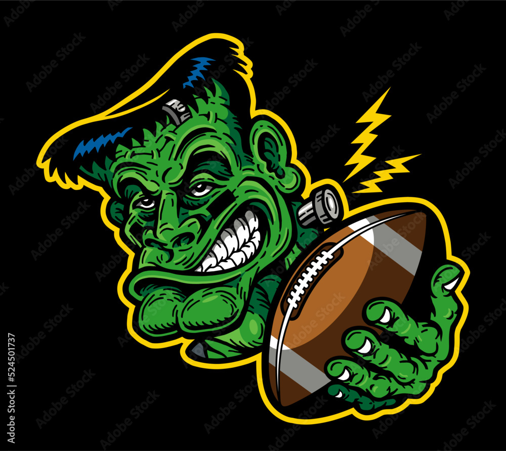 cartoon frankenstein's monster mascot holding football for sports event ...
