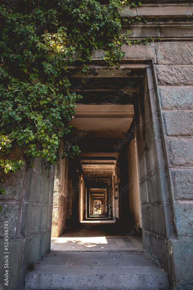 Abandoned ruins of old centuries stone mausoleum with neoclassical ...