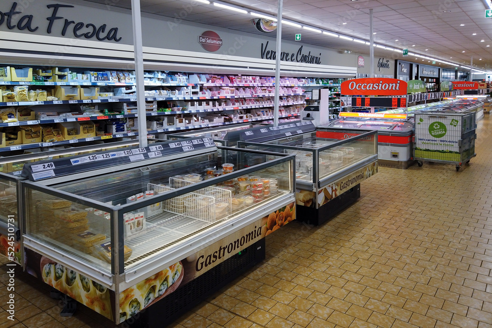 Fossano, Italy - August 19, 2022: Aisle of the gastronomy department in ...
