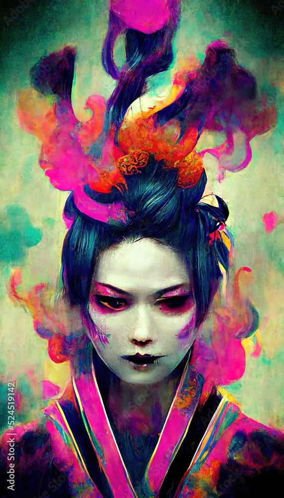 Portrait of a seductive geisha in an unusual neon style amidst clouds ...