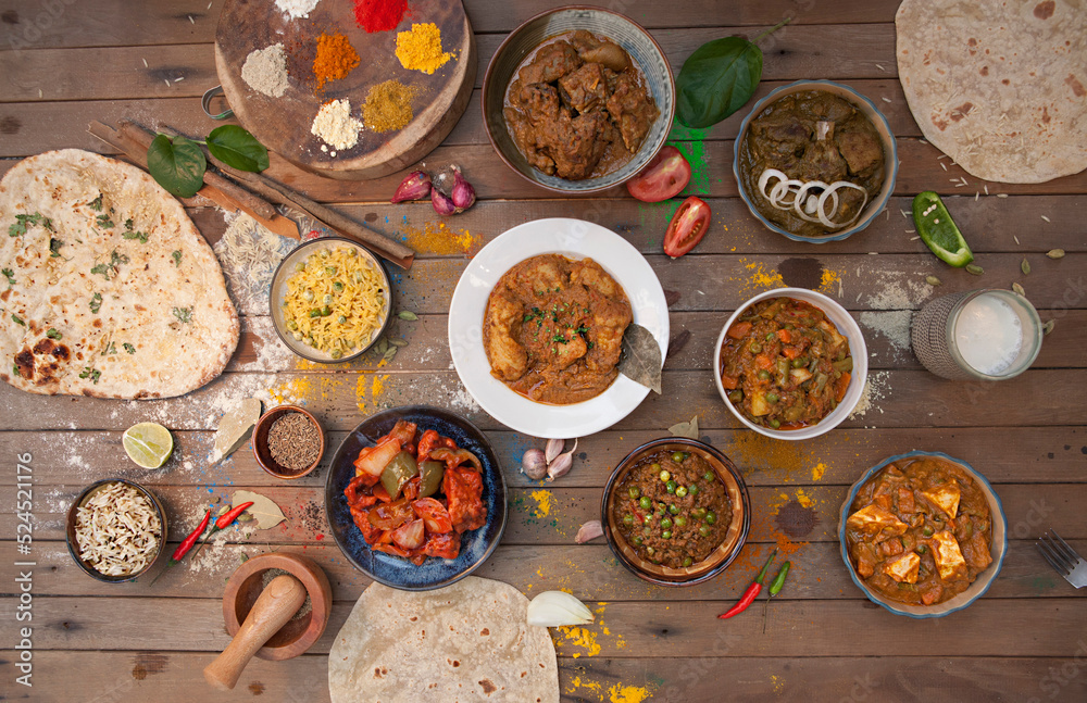 Assorted Indian food, Rice with Saffron, Egg Briyani,Plain Naan, spice ...