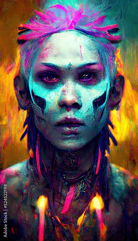 Portrait of a girl in a futuristic cyberpunk style in neon clothes. A ...