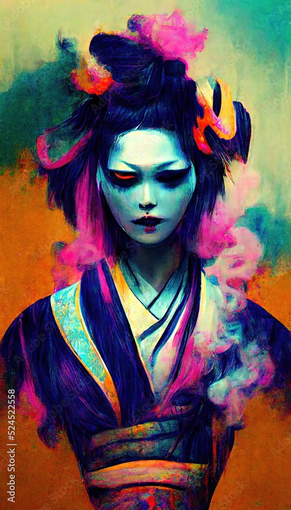 Portrait of a seductive geisha in an unusual neon style amidst clouds ...
