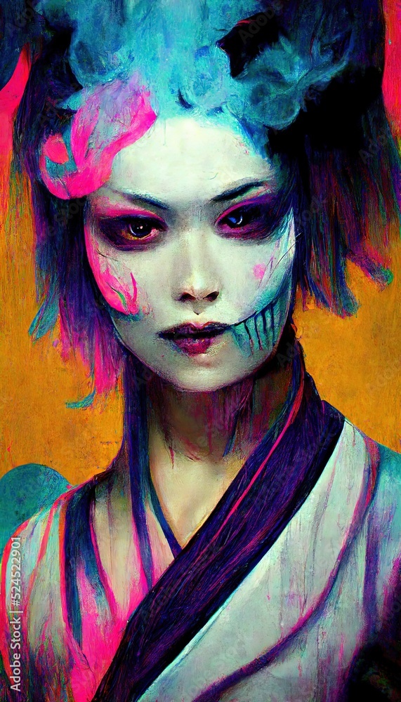 Portrait of a seductive geisha in an unusual neon style amidst clouds ...