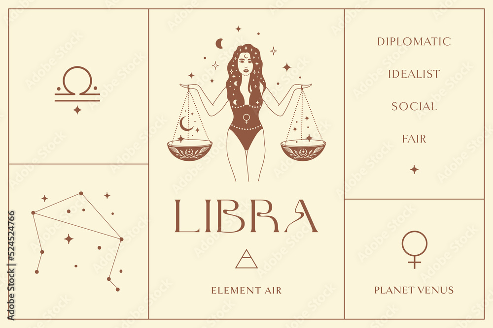 Libra Zodiac Sign Design Illustrations. Esoteric Vector Element, Icon ...