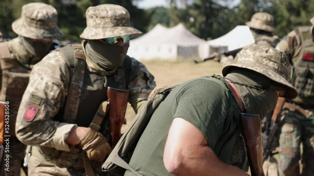 Soldiers with weapons and ammunition attack the enemy on the ...
