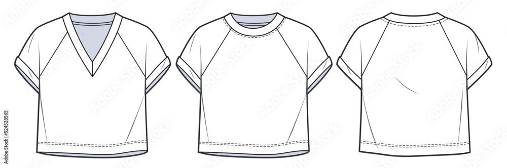Raglan Cropped Tee Shirt fashion flat tehnical drawing template. Unisex ...