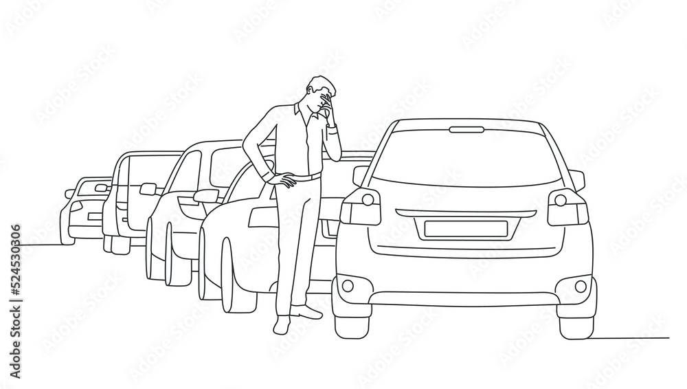 Sad man standing next to the car. Traffic jam on the road. Stock Vector ...