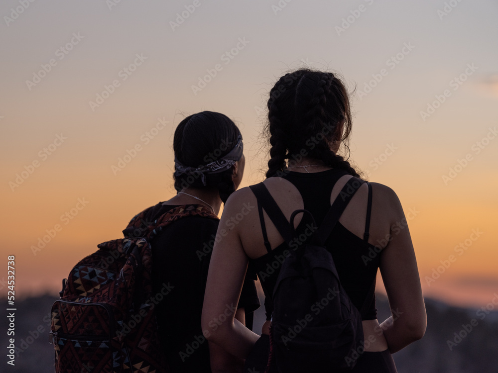 Horizontal image of two native friends looking out towards sunset Stock ...