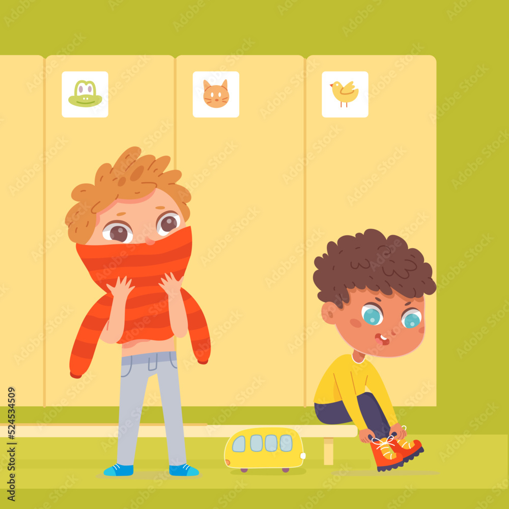 Boys changing clothes in school locker room interior, cute kids wearing ...