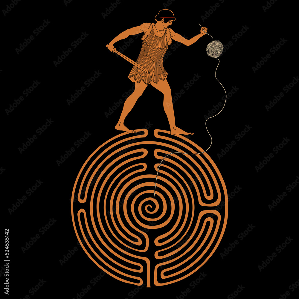 Ancient Greek hero standing on top of a round spiral maze or labyrinth ...