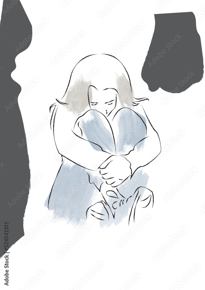 woman victim isolated sitting sad shadow of man hand drawn design style ...