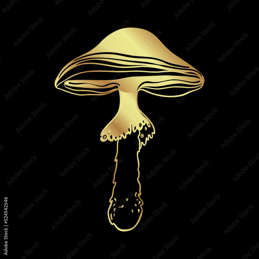 Magic mushrooms. Psychedelic hallucination. Gold vector illustration ...