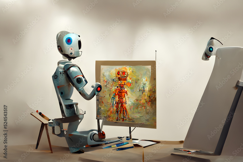 cute and friendly robot artist in the studio next to his easel ...