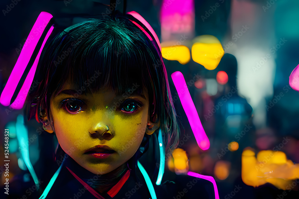 facial portrait of small caucasian girl in neon light night street ...