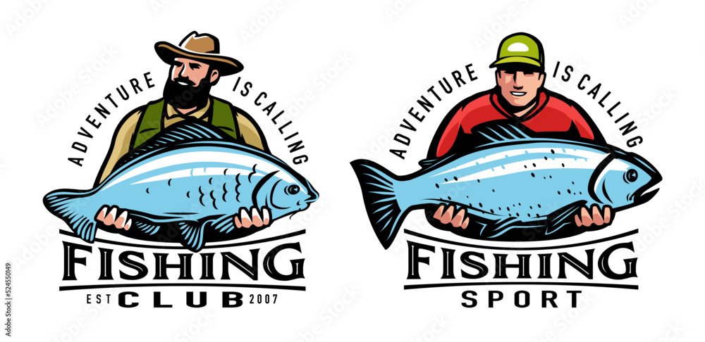 Fisherman holds big fish caught on fishing rod. Sport fishing emblem or ...