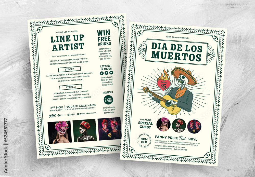 Dia De Los Muertos Flyer Poster with Calacas Character Playing Guitar ...