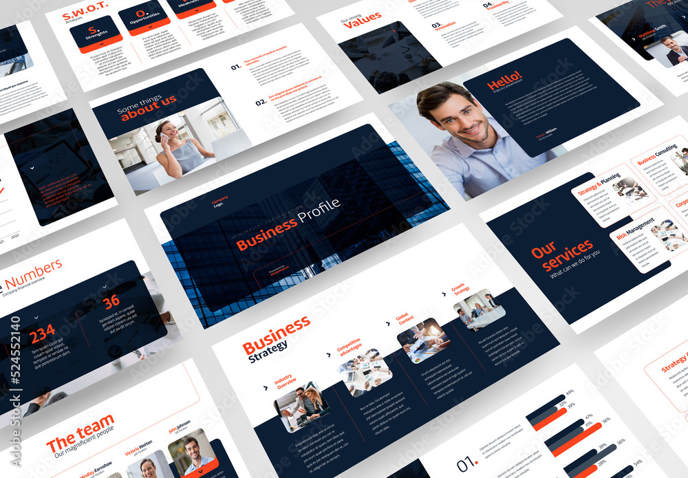 Presentation Slide Deck Layout with Orange and Blue Accents Stock ...
