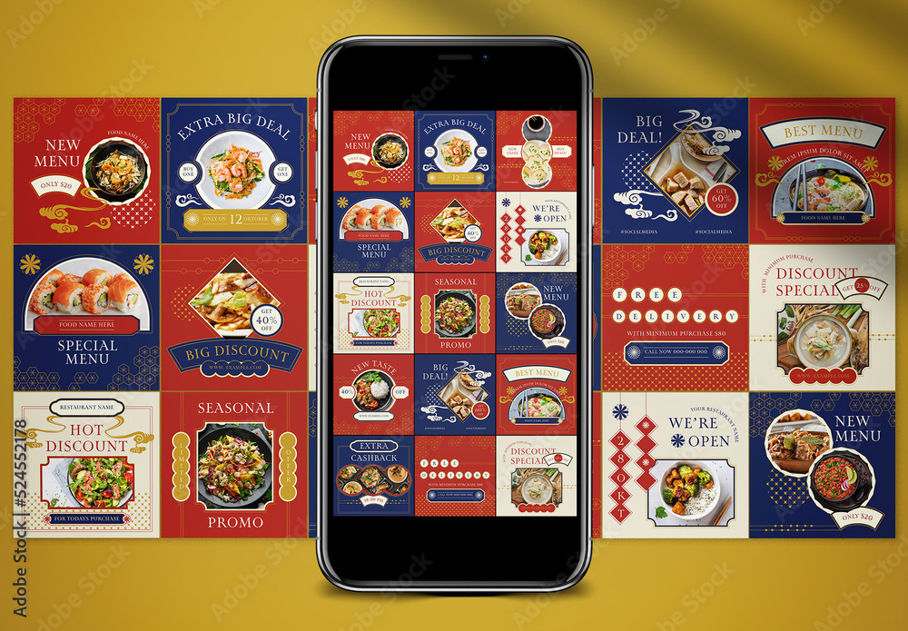 Red Flat Design Japanese Food Instagram Set Stock Template | Adobe Stock