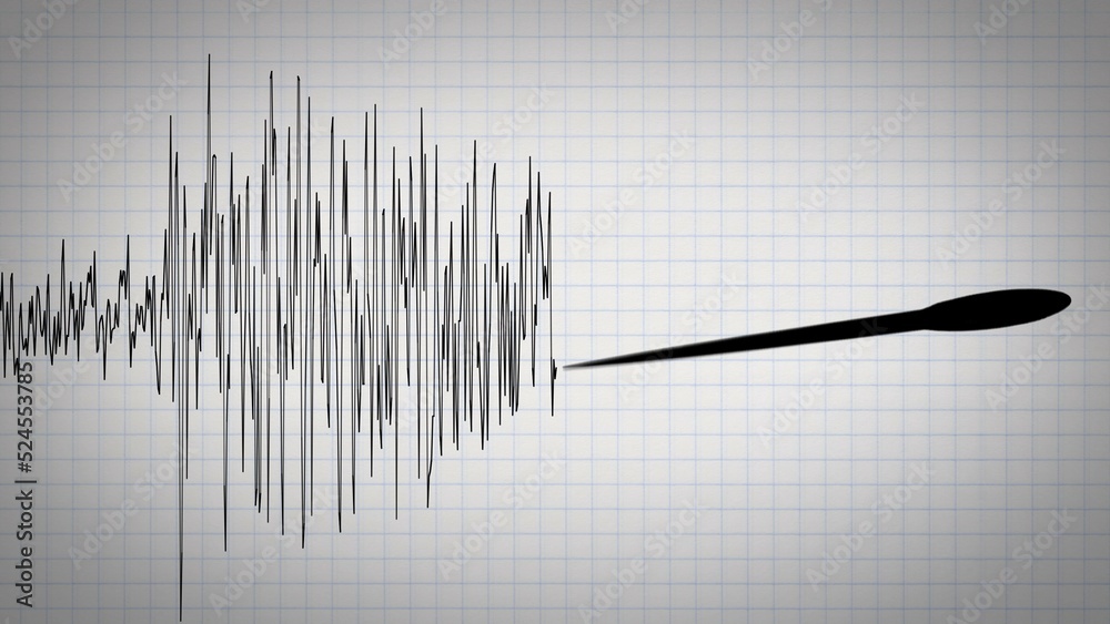 Seismometer scale drawing waves of an earthquake on a paper. Measuring ...