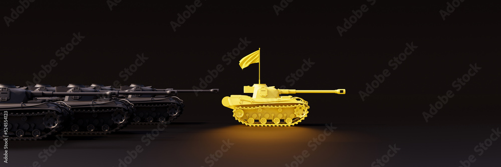Group of black tanks with yellow leader on dark background. War ...