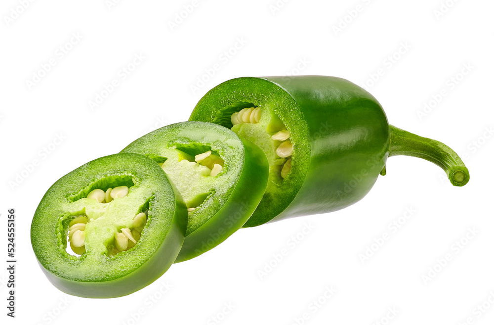 fresh green cut chili pepper pieces isolated on white background. Stock ...