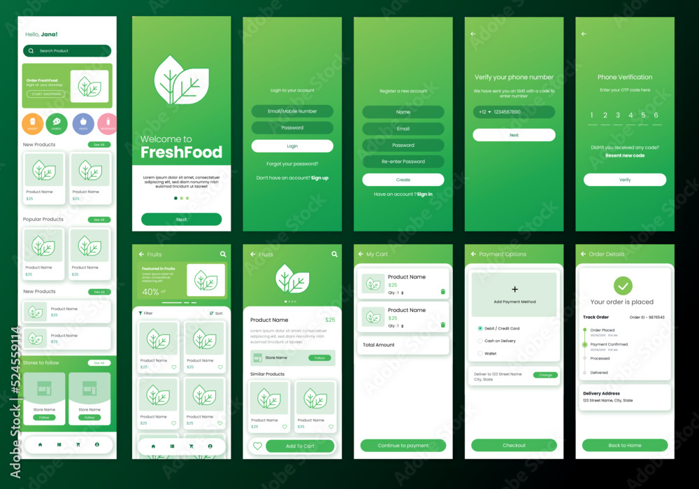 Fresh food shopping mobile app screens design vector on a green ...