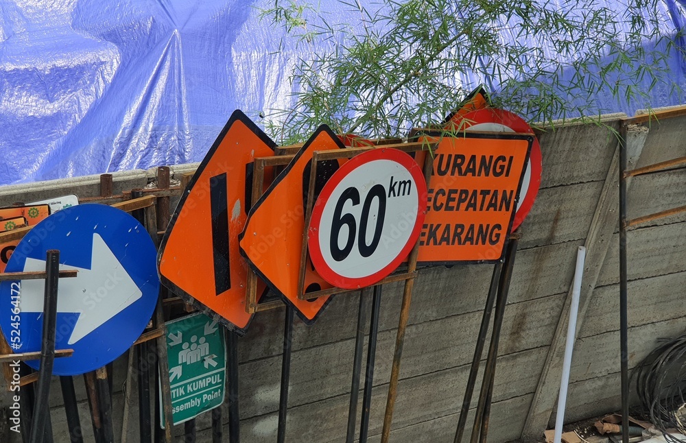 Construction signs that have been fabricated but not yet installed on ...