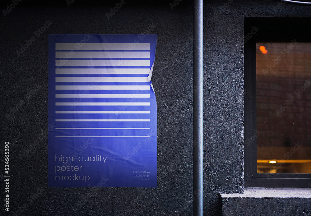 Glued Shadowed Outdoor Poster on Black Wall Mockup Stock Template ...