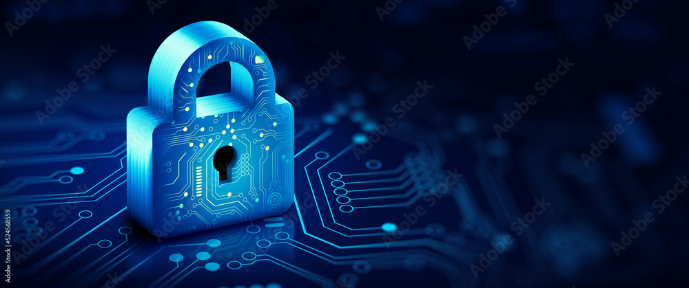 Padlock with Keyhole in data security on Converging point of circuit. Cyber data and information ...
